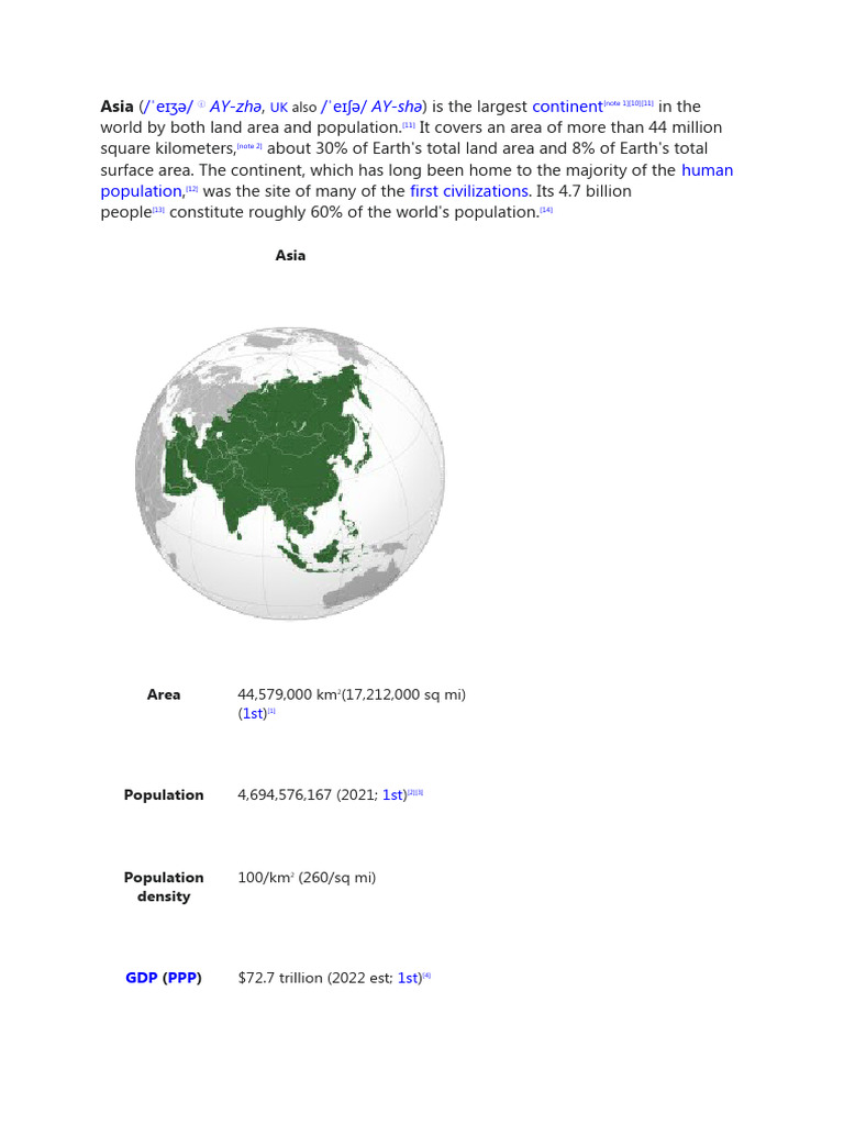 Asia (: / Eɪʒə/ / Eɪʃə/ Continent | PDF | Asia | Eurasia