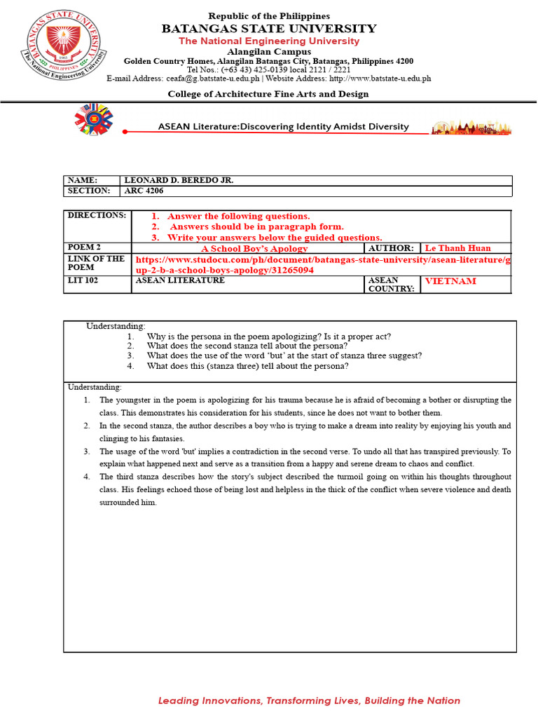 Analysis of "A School Boy's Apology" | PDF | Poetry | Psychological Trauma