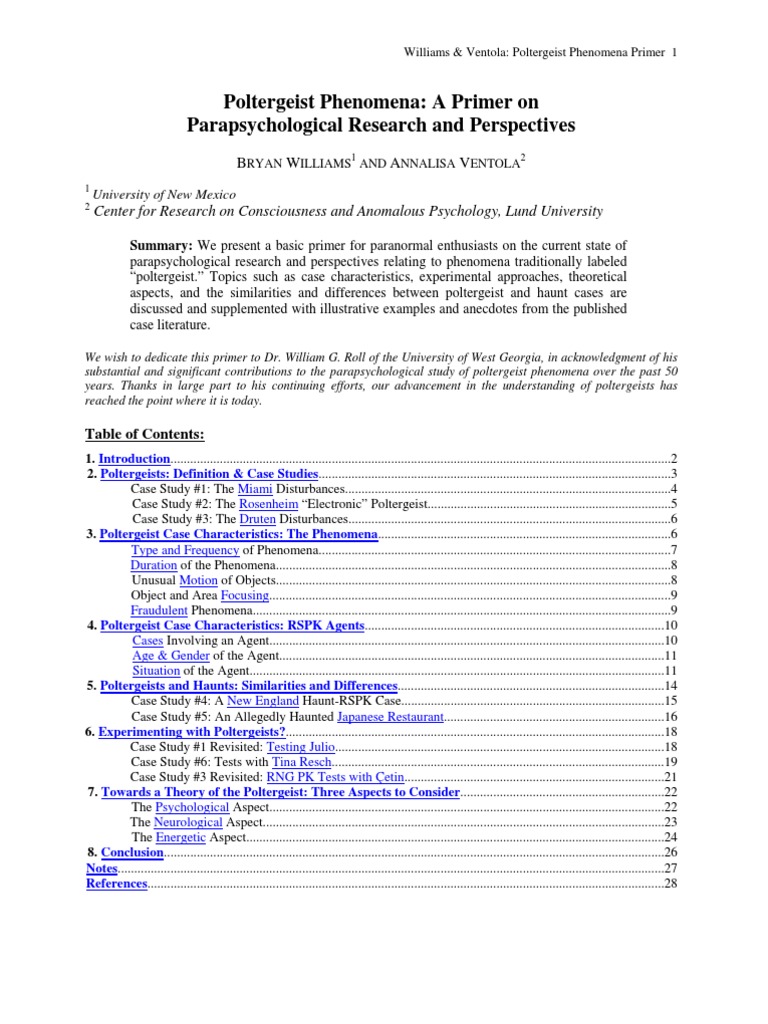 Poltergeist Phenomena: Research Primer | PDF | Poltergeist | Parapsychology