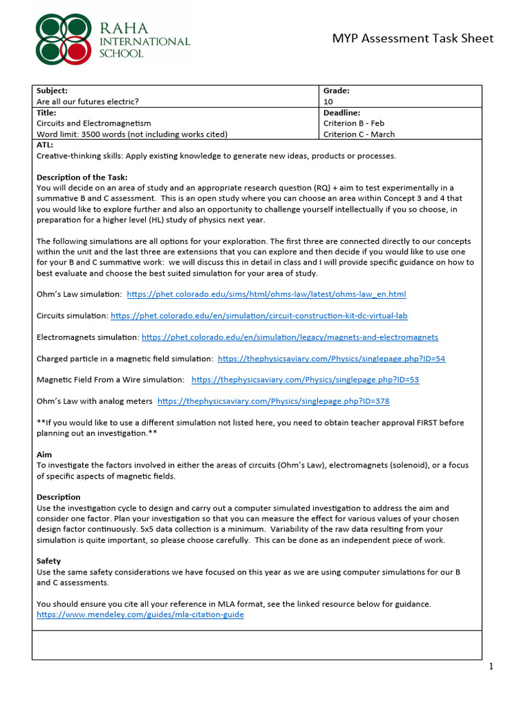 Physics Criterion B and C Task Sheet Unit 2 Electrcity and Intro To ... Physics Criterion B and C Task Sheet Unit 2 Electrcity and Intro To ...