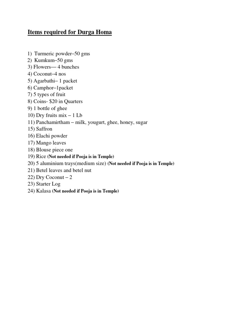 Essential Items for Durga Homa Ceremony | PDF