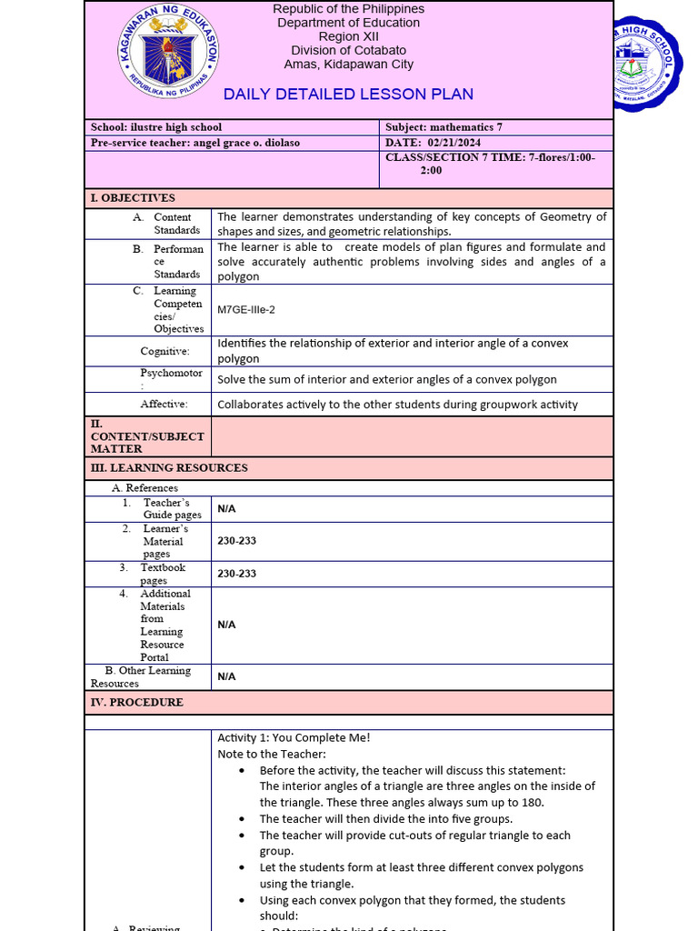 Lesson Plan Relationship Angle | PDF | Triangle | Geometry