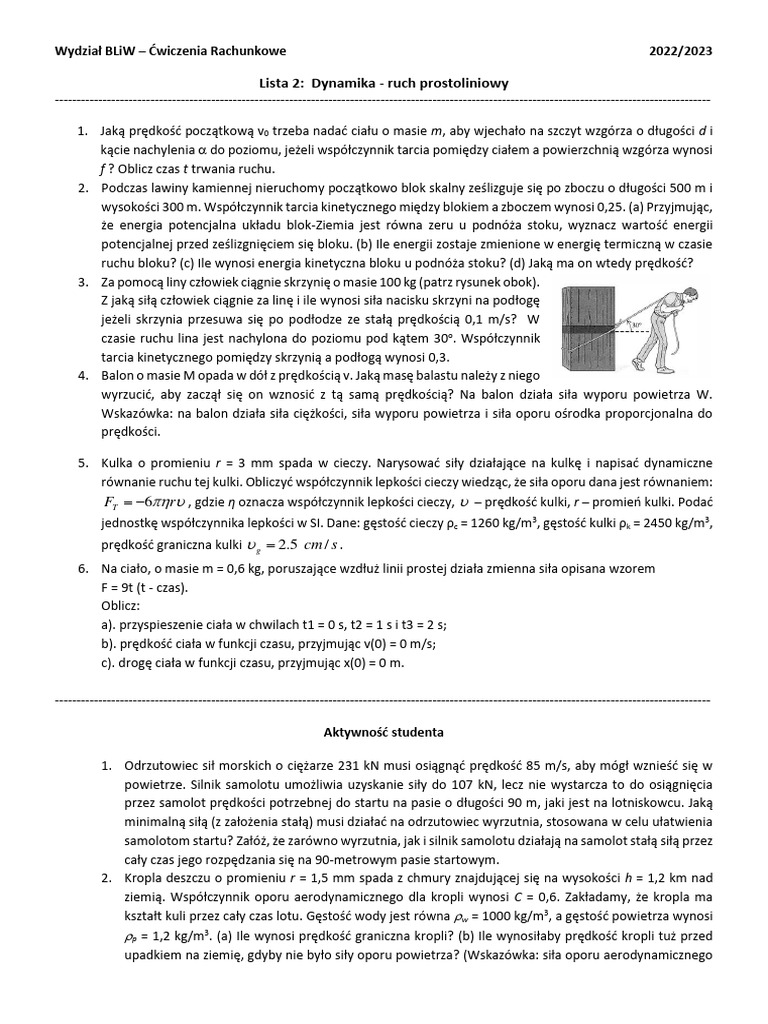 Lista 2: Dynamika - Ruch Prostoliniowy: F ? Oblicz Czas T Trwania Ruchu | PDF
