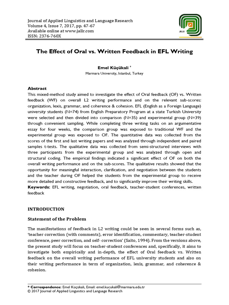 The Effect of Oral Vs Written Feedback I | PDF | Constructivism ...