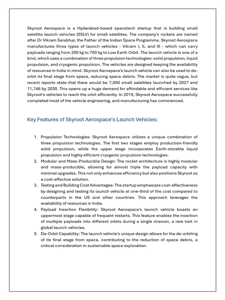 Skyroot Aerospace Is A Hyderabad | PDF | Spacecraft Propulsion | Launch Vehicle