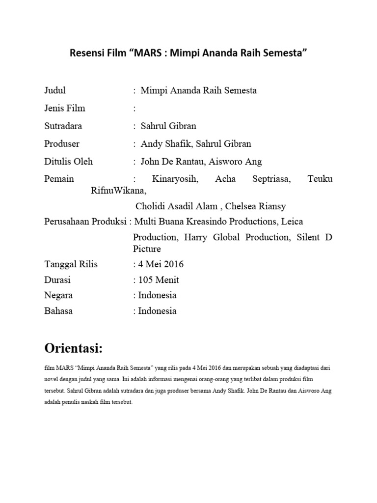 Resensi Film MARS (Mimpi Ananda Raih Semesta) by Kevin 8C | PDF