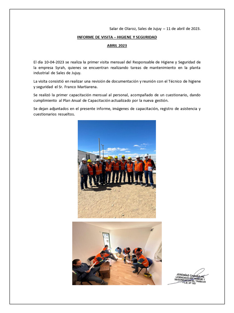 Informe de Visita - SDJ - Abril | PDF | Seguridad y salud ocupacional
