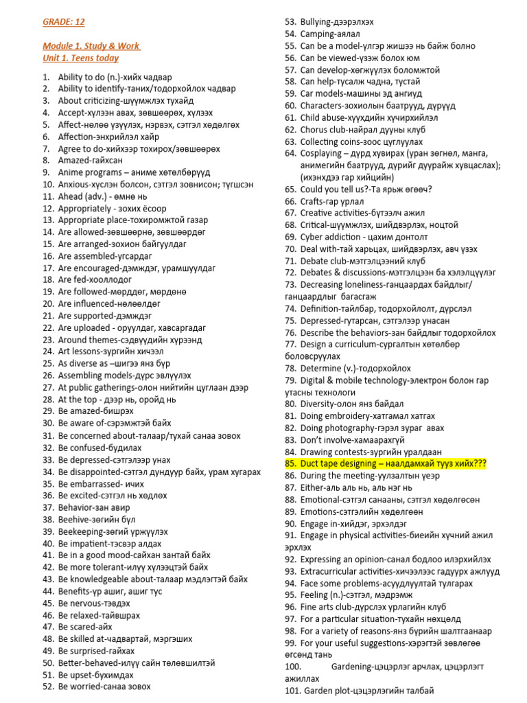 Vocabulary 12th Grade Pdf