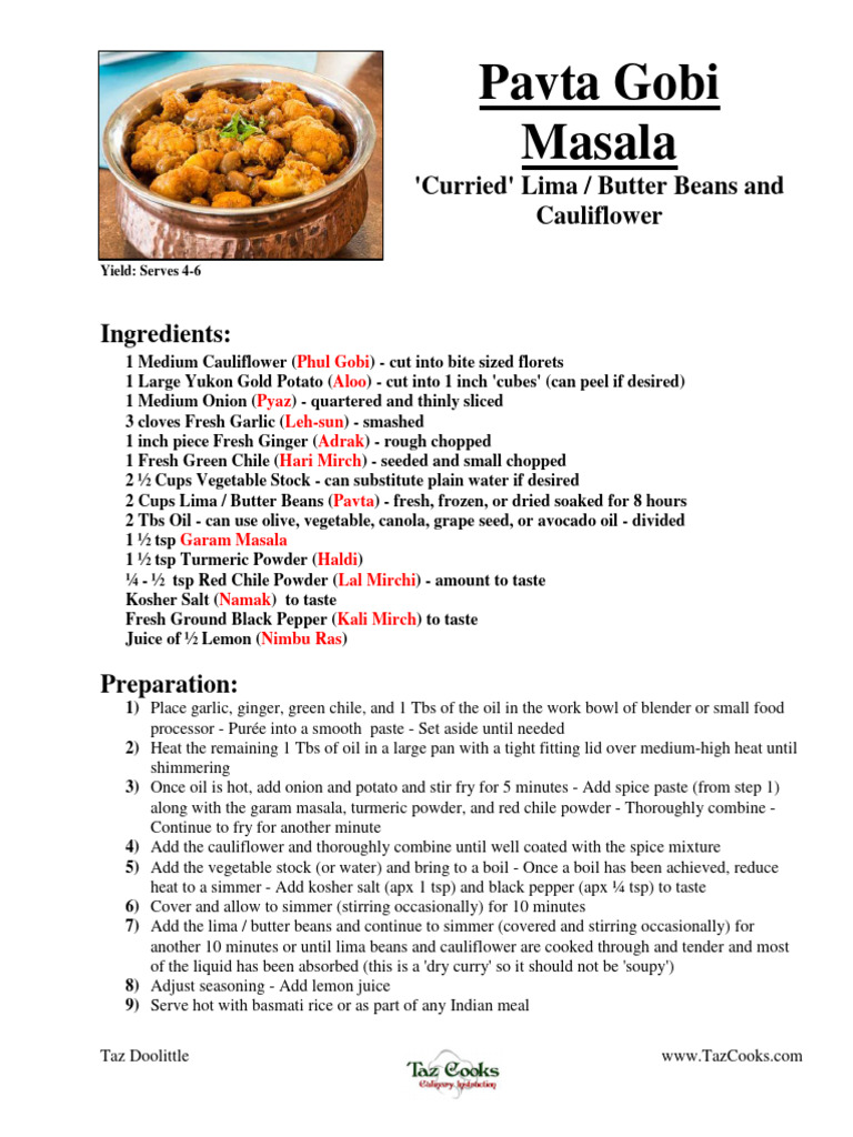 Pavta Gobi Masala | PDF | Curry | Ginger