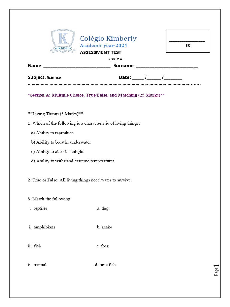 Grade 4 Assessment Science | PDF