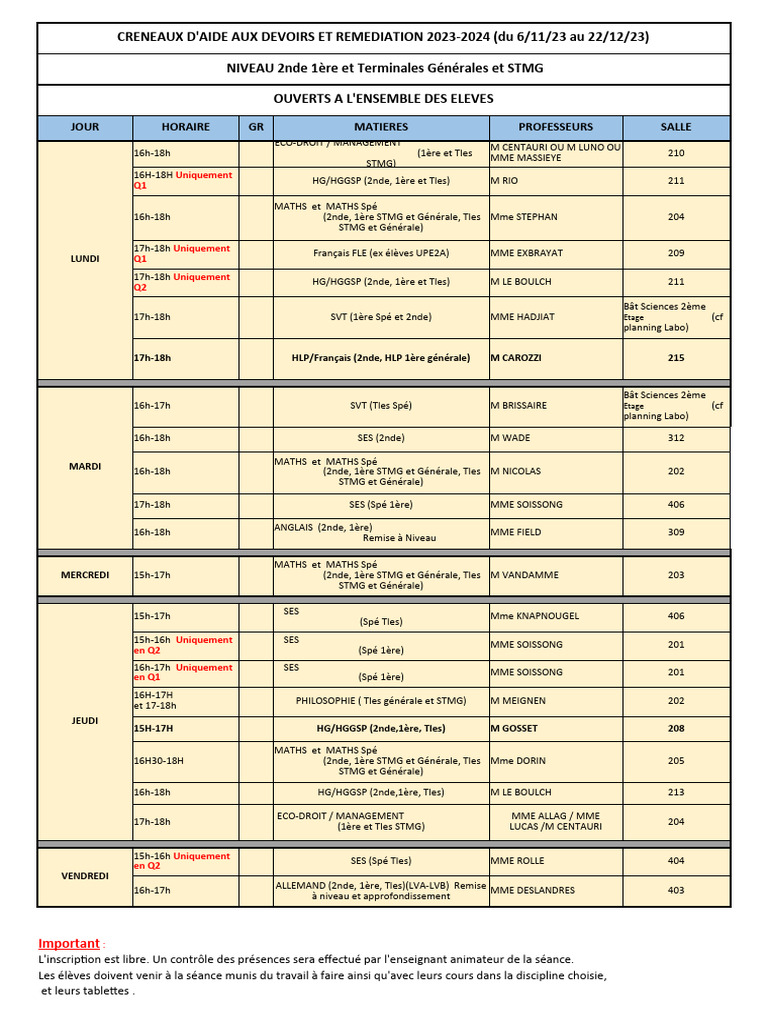 Planning Aide Aux Devoirs 2023 2024-1 2 | PDF