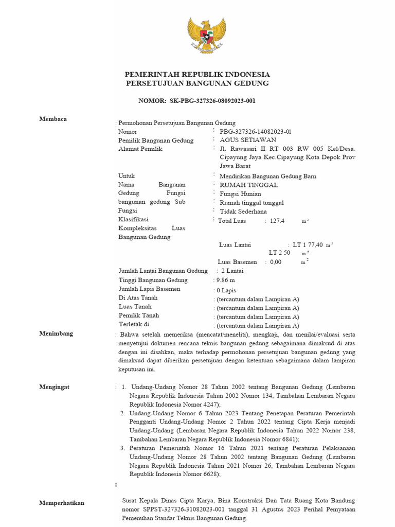 PersetujuanBangunanGedung (PBG) - SHM No. 4257) An. Agus Setiawan | PDF