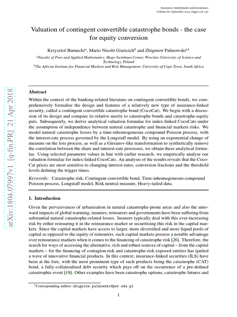 Valuing Contingent Convertible Catastrophe Bonds | PDF | Bonds (Finance) | Financial Capital