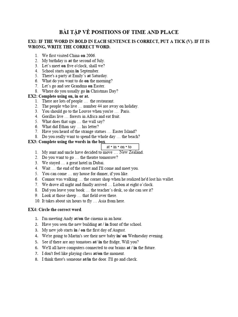 Time and Place Prepositions Exercises | PDF | Art