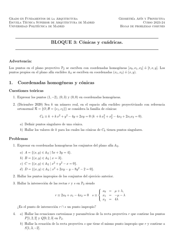Hoja Bloque 3 Conicas | PDF | Línea (geometría) | Ecuaciones