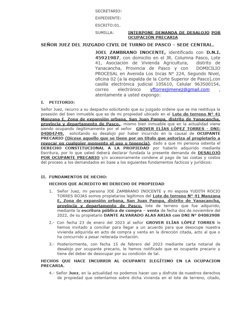 Escrito Demandando Desalojo Por Ocupante Precario | PDF | Derecho