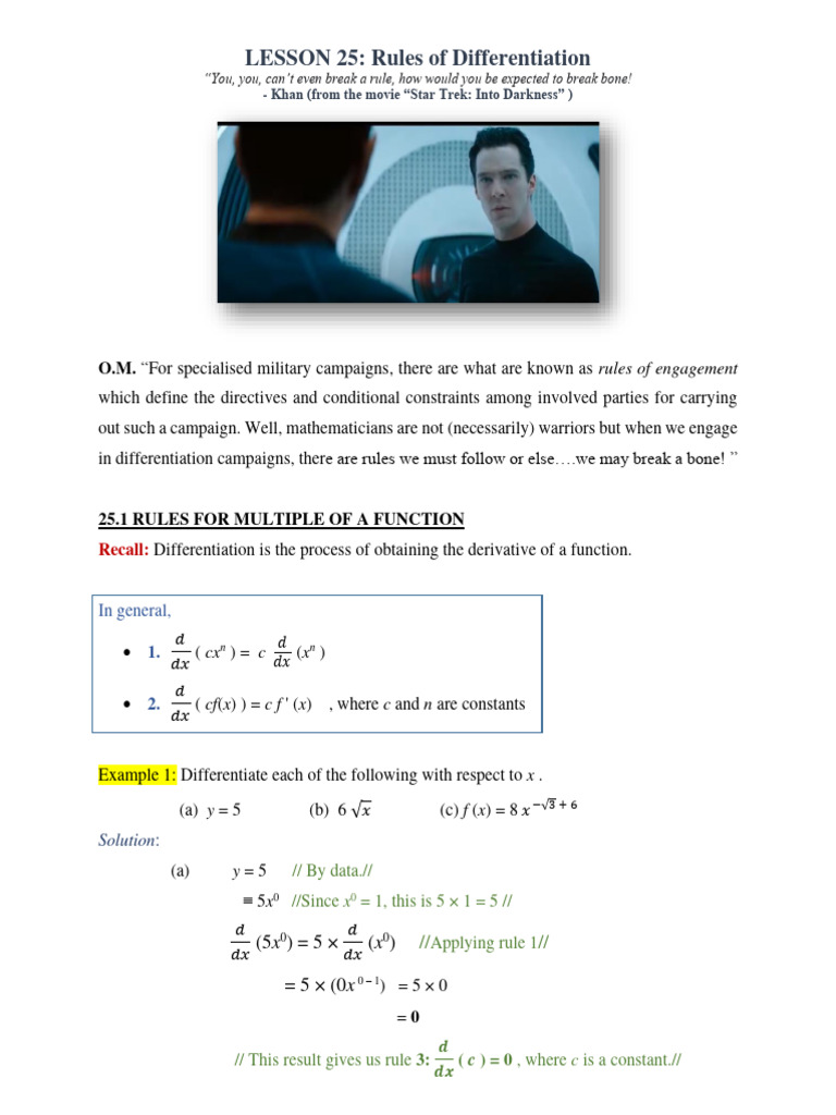 AddMathLesson (5th Form Term 1, Lesson 25 - Rules of Differentiation) | PDF