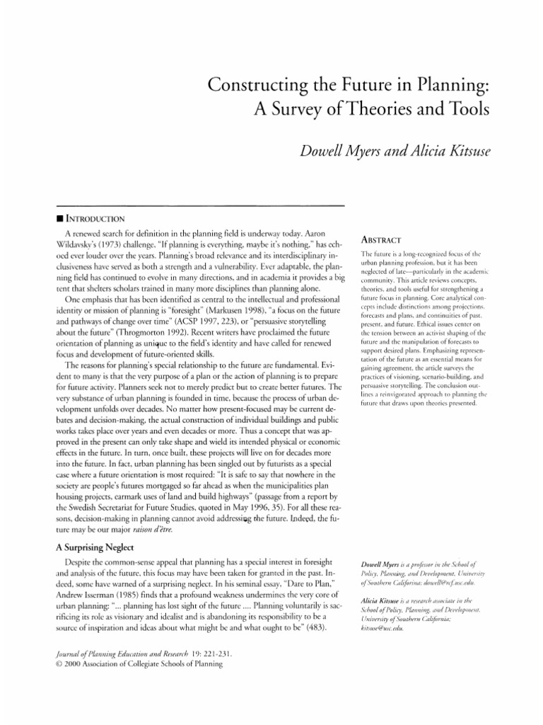 Myers Kitsuse 2000 Constructing The Future in Planning A Survey of Theories and Tools | Download ...