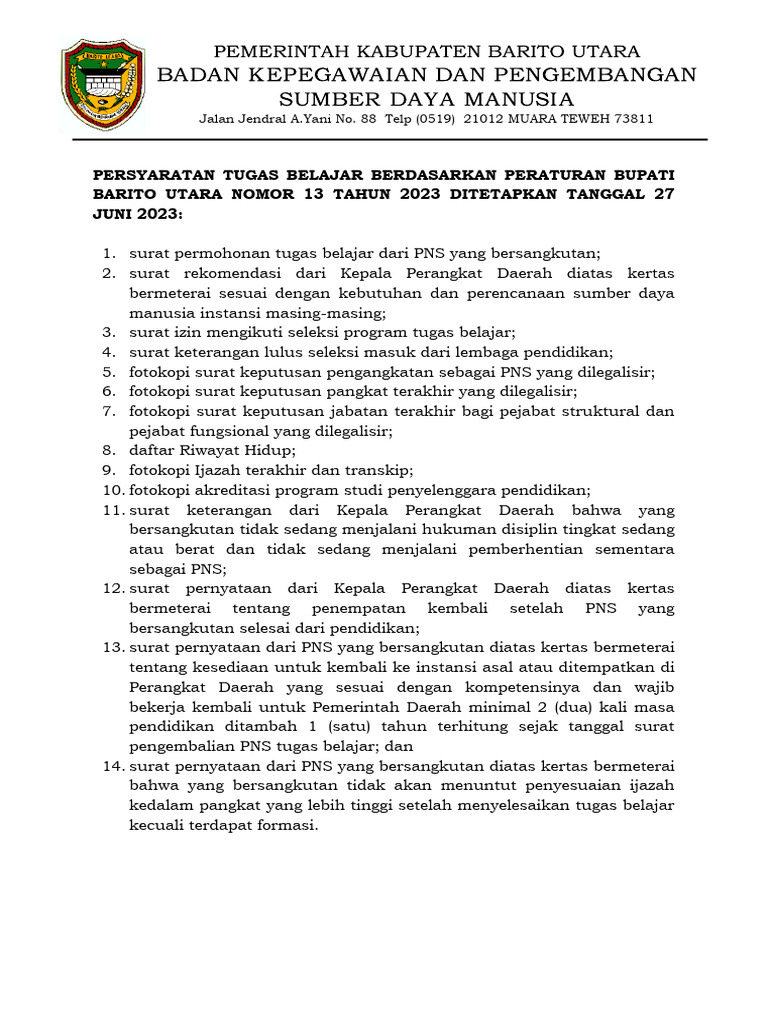 Persyaratan Tugas Belajar PNS Barito Utara | PDF