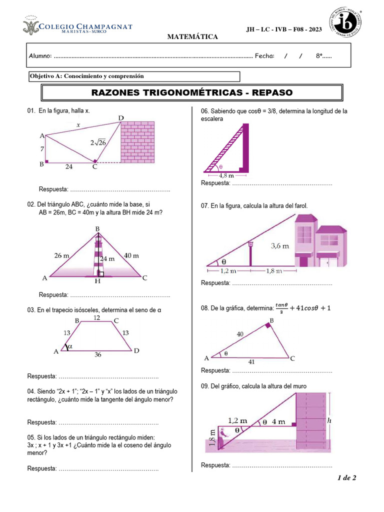 Ficha 08 - IV Bim - Razones Trigonometricas 2 - Repaso | PDF | Triángulo | Trigonometría