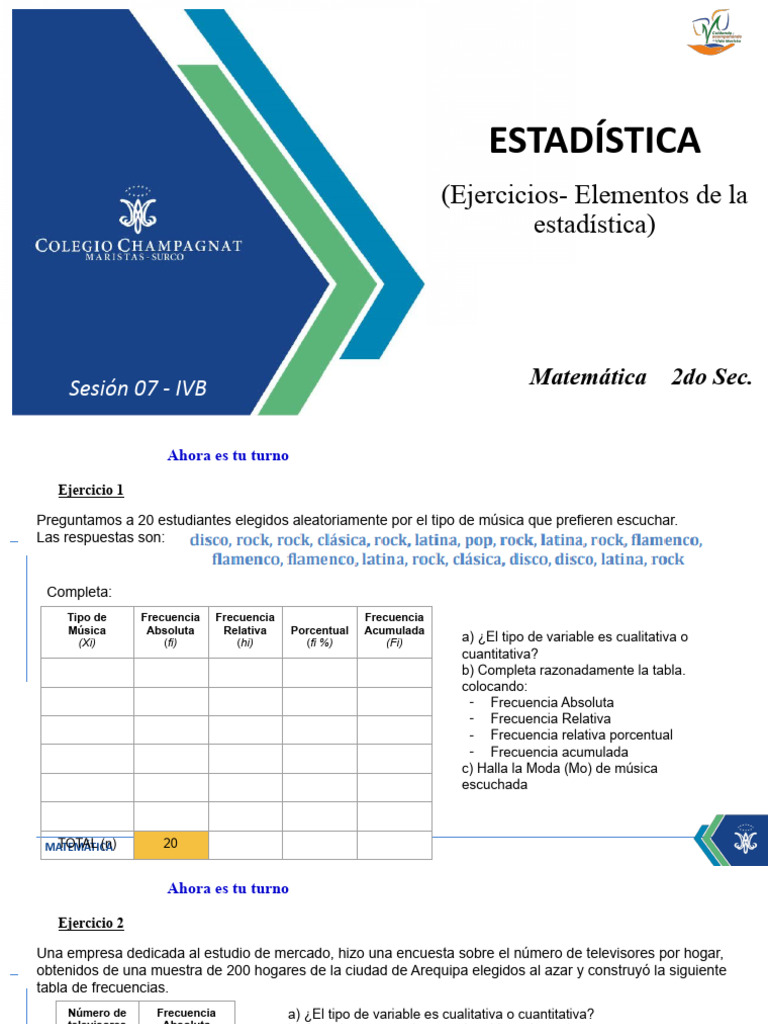 Estadística_2023_2do sec_Ejercicios | PDF | Mediana | Porcentaje