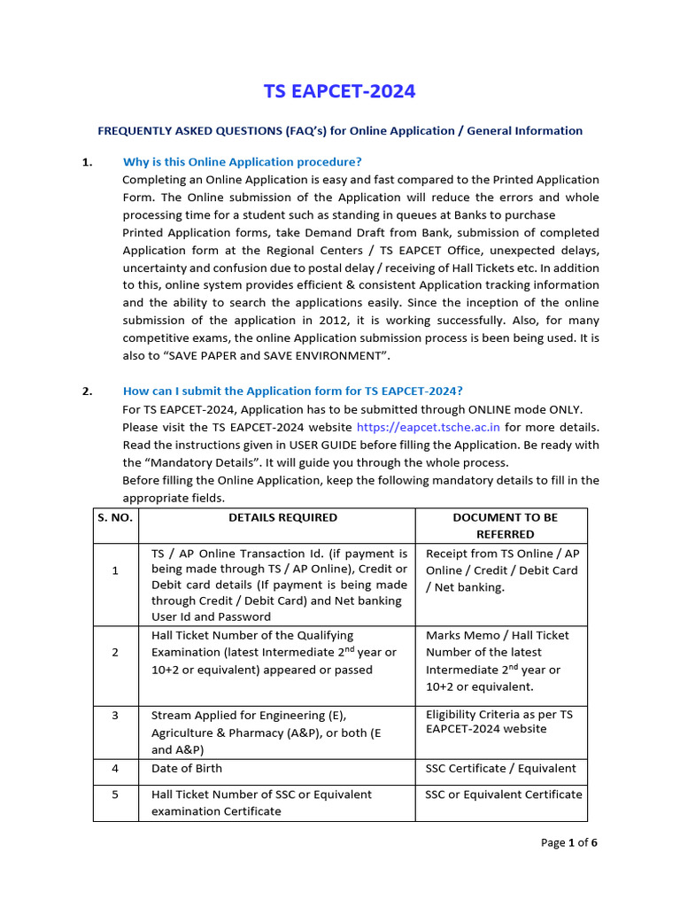 FAQ's For Online Application TS EAPCET - 2024 | PDF | Debit Card | Credit Card