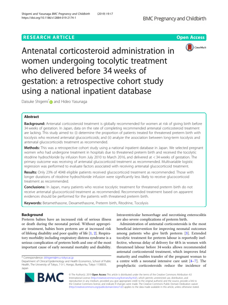 Antenatal Corticosteroid Administration in Women Undergoing Tocolytic ...
