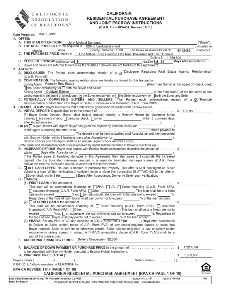 California Residential Purchase Agreement | PDF