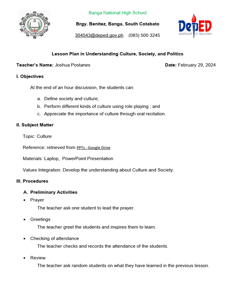 Lesson Plan: Understanding Culture & Society | PDF | Teachers ...