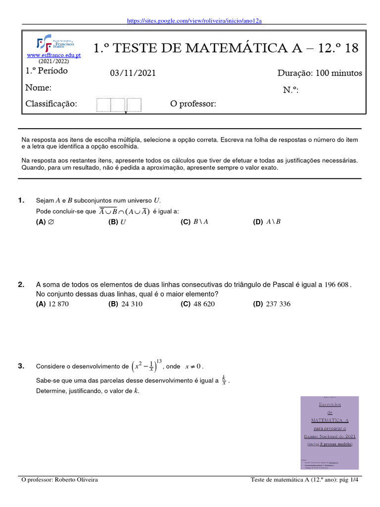 1.º Teste de Matemática A 12.º 18: 1.º Período 03/11/2021 Duração: 100 ...