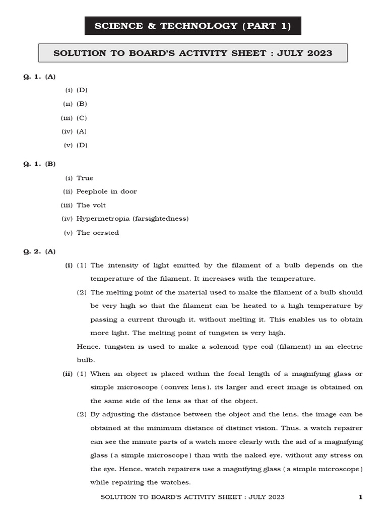 Science & Technology (Part 1) : Solution To Board'S Activity Sheet: July 2023 | PDF ...