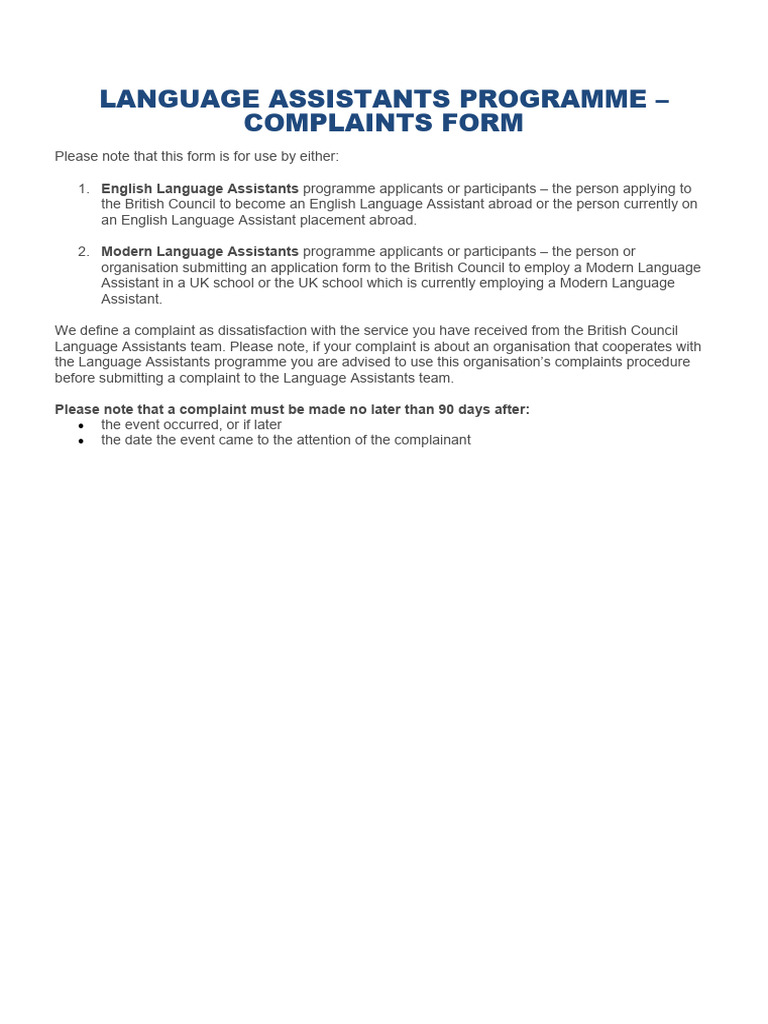 language-assistants-programme-complaints-form | PDF | Complaint