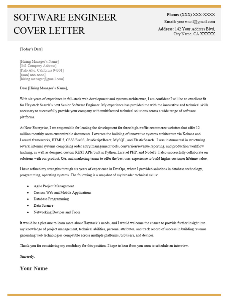Software Engineer Cover Letter Example | PDF