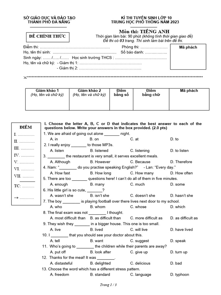 De Thi Tuyen Sinh Lop 10 Mon Tieng Anh Nam 2017 Da Nang | PDF | Languages | Foreign Language Studies