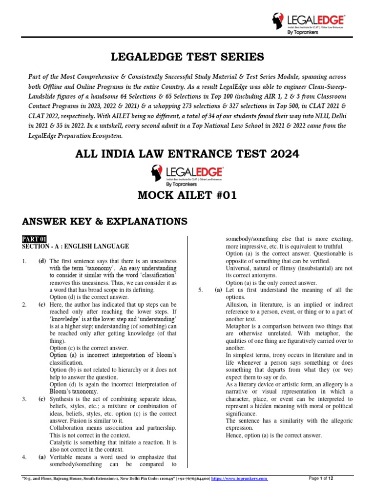 Mock AILET 01 Solutions - Delhi | PDF | Critical Thinking | Knowledge