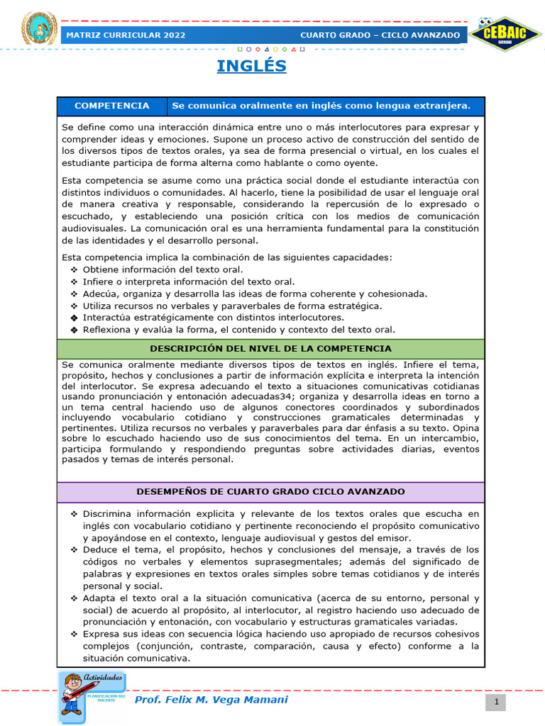 Matriz Curricular 4TO INGLES | PDF | Experiencia | Comunicación