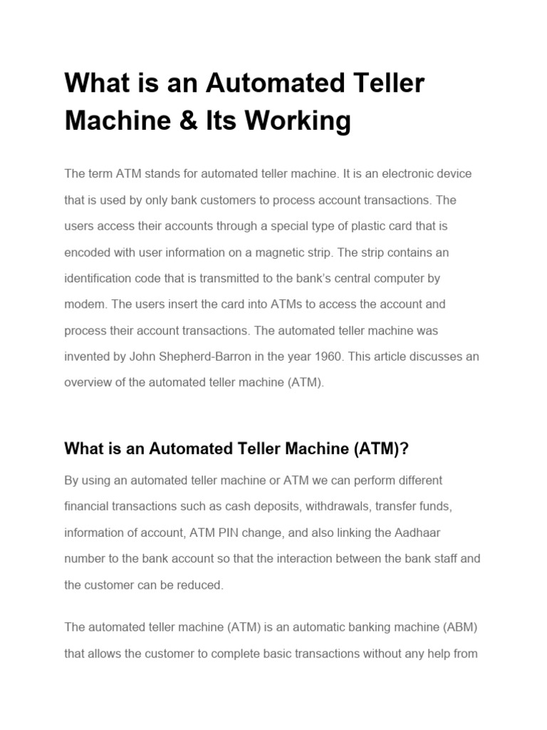 What Is An Automated Teller Machine Atm Pdf Automated Teller