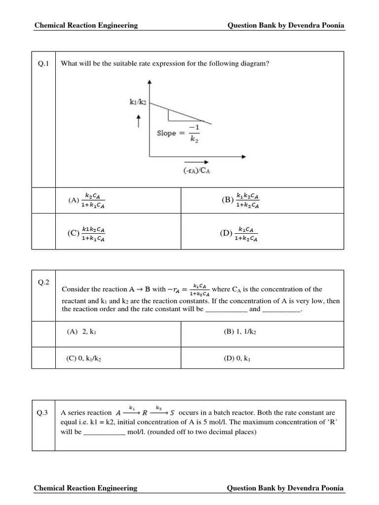 Sample Chemical Reaction Engineering Question Bank 1692251073507 | PDF ...