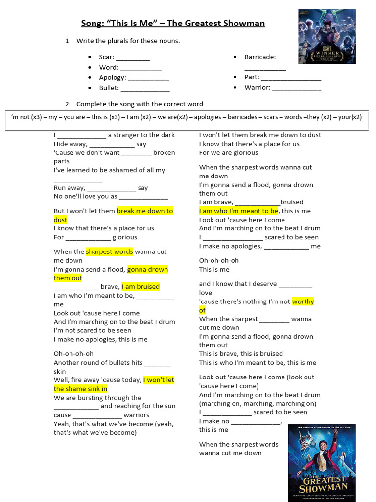 Plural Nouns & Song Lyrics Exercise | PDF | Linguistic Morphology ...