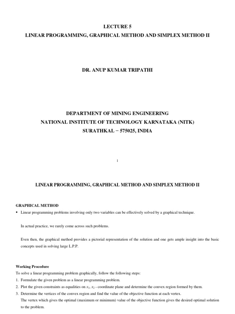 Lecture 5 - Linear Programming, Graphical Method and Simplex Method II | PDF | Mathematical ...