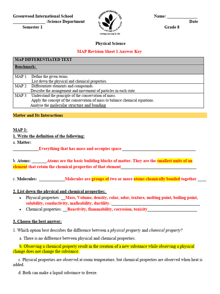 MAP-Physical Science Worksheet 1 Matter Answer Key (1) | PDF ...