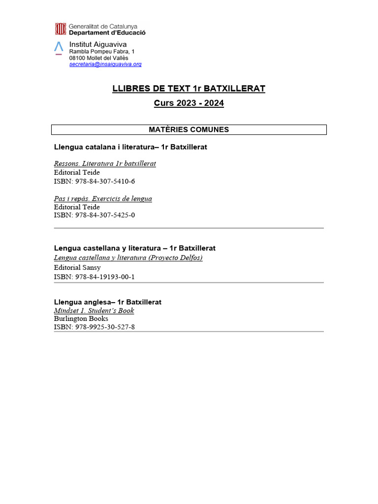 Llibres de Text - 1r BATX 2023-2024 | PDF