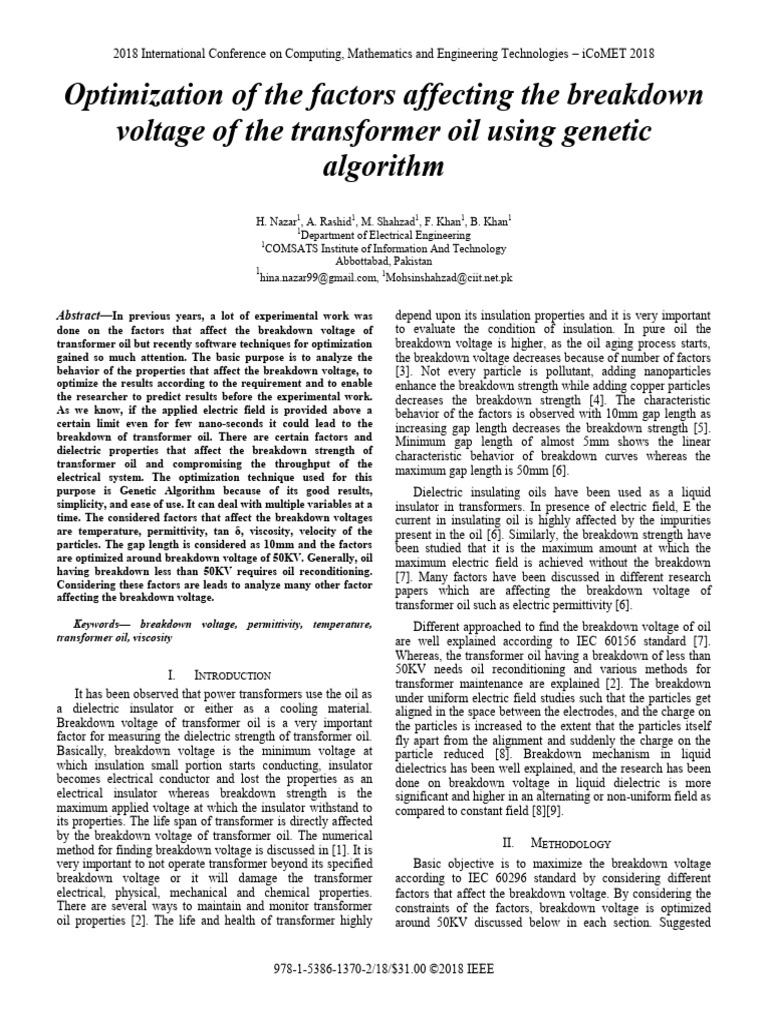 Optimization of The Factors Affecting The Breakdown Voltage of The Transformer Oil Using Genetic ...