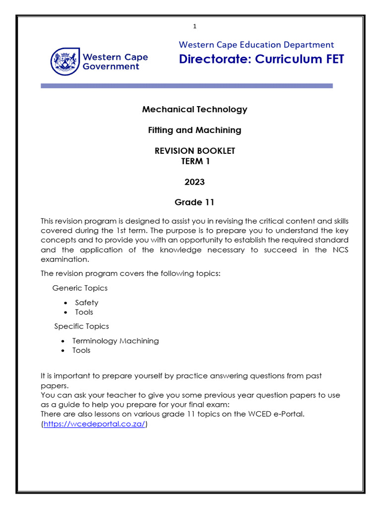 Mechanical Technology (Fitting and Machining) Revision Pack Gr.11 Term1 ...