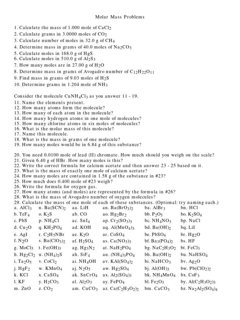 Molar Mass Calculation Exercises | PDF | Mole (Unit) | Molecules