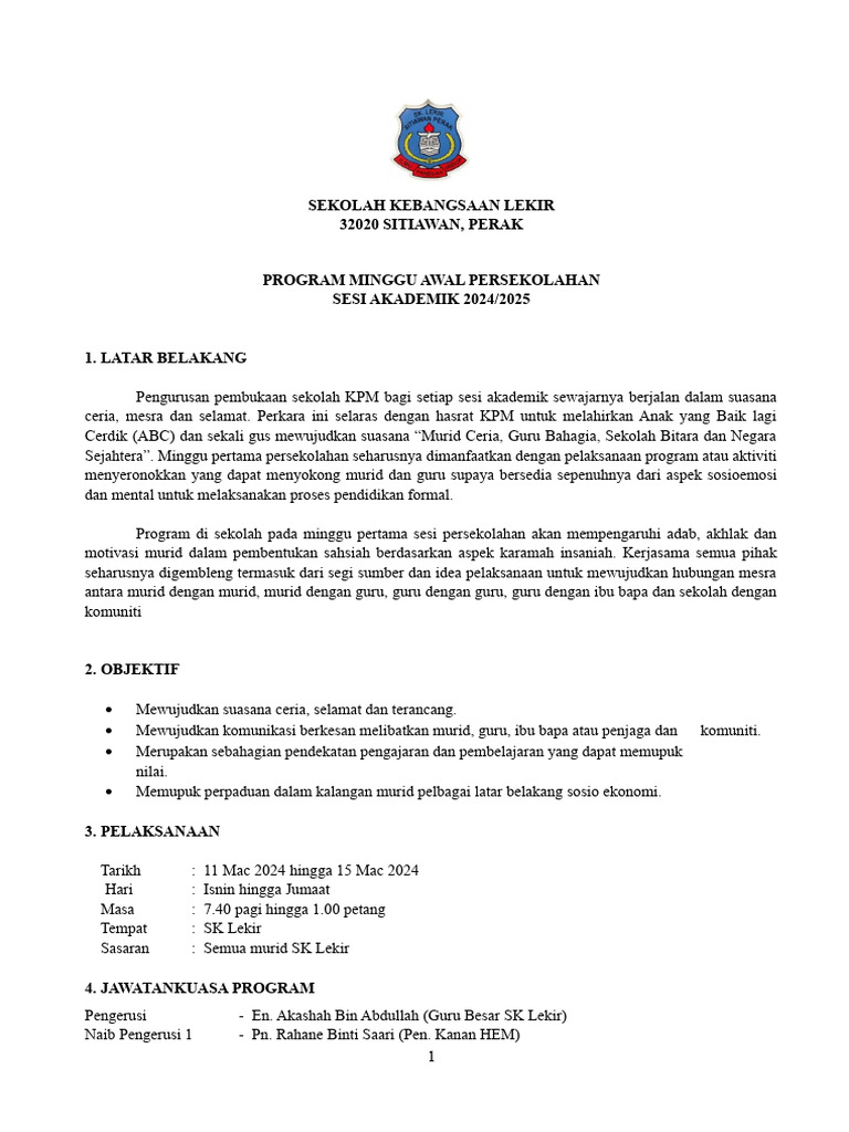 Aktiviti Minggu Pertama Persekolahan 2024 | PDF