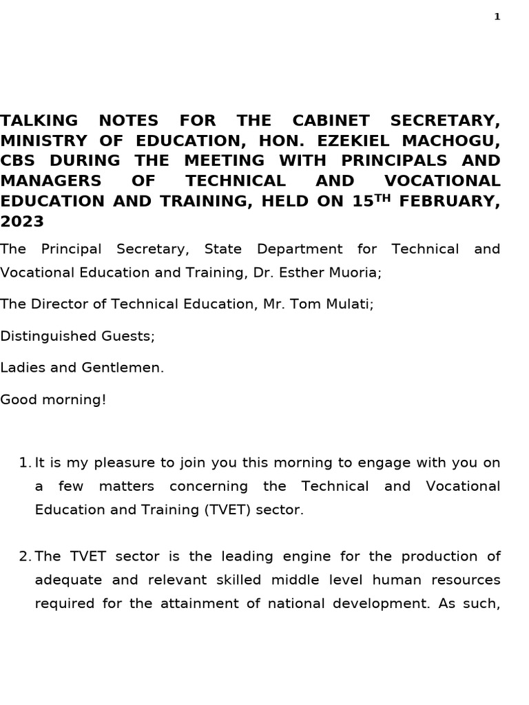Cabinet Secretary Talking Notes With Principals of Tvet | PDF ...