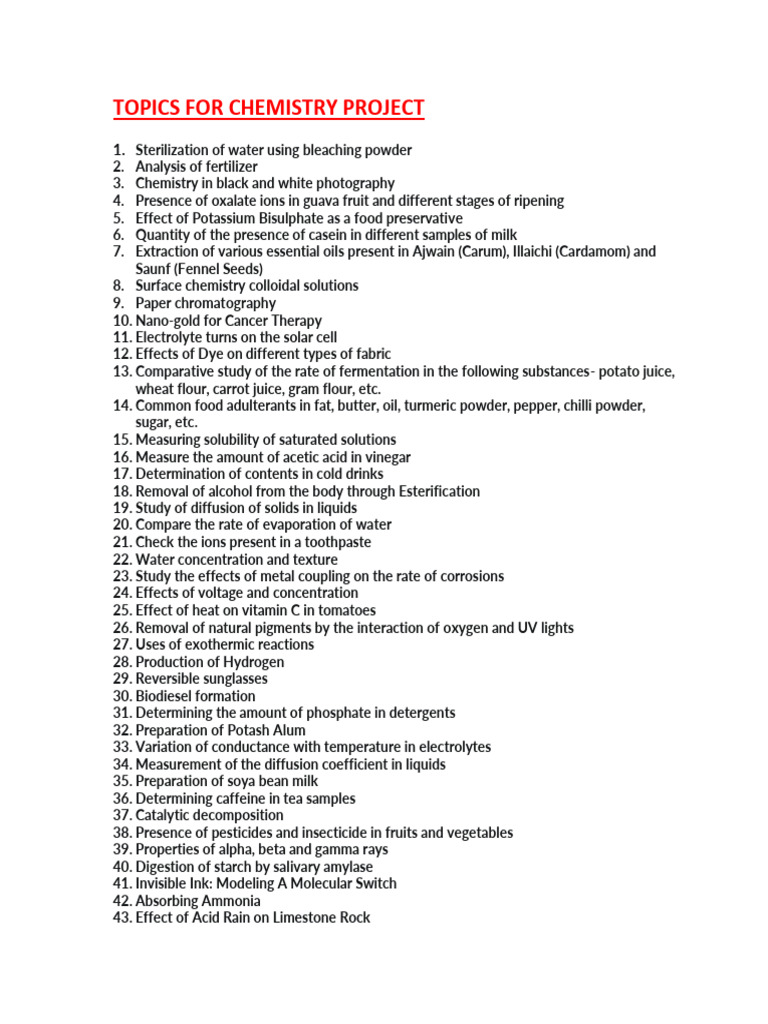 Chemistry Project Ideas for Students | PDF | Electrolyte | Chemistry
