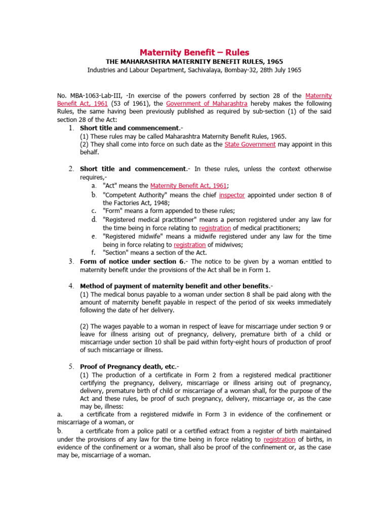 Maharashtra Maternity Benefit Rules 1965 | PDF | Childbirth | Pregnancy