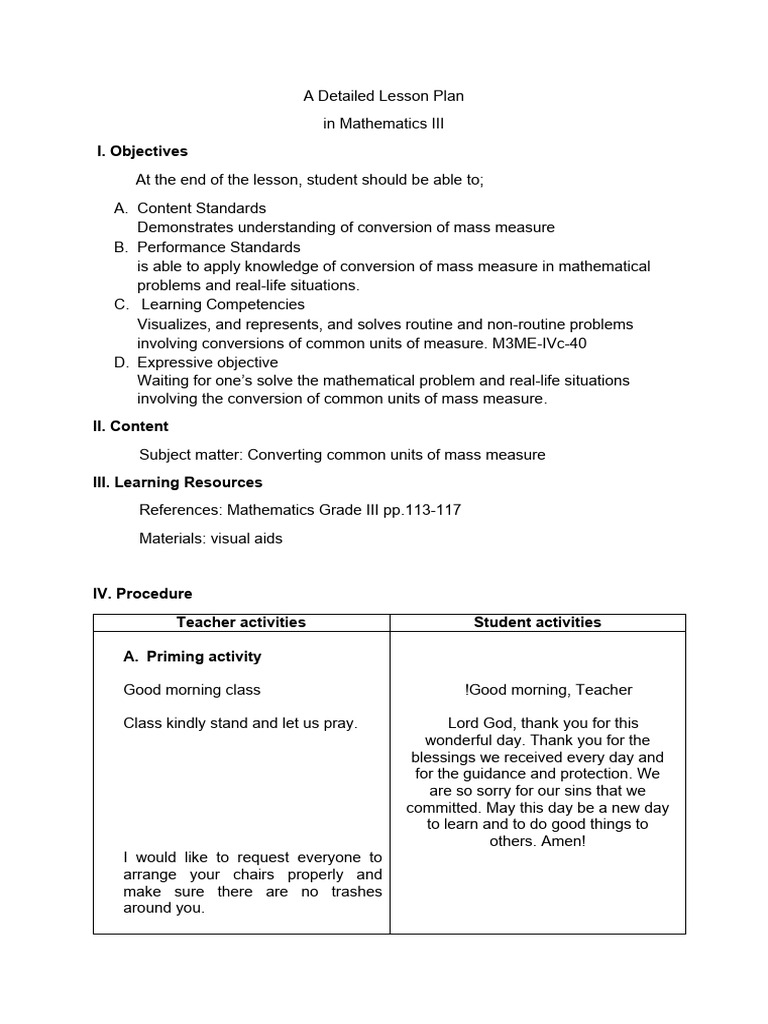 A Detailed Lesson Plan in Mathematics 3 (Balanquit Kressa M. Beed4-B) | PDF | Mass | Kilogram